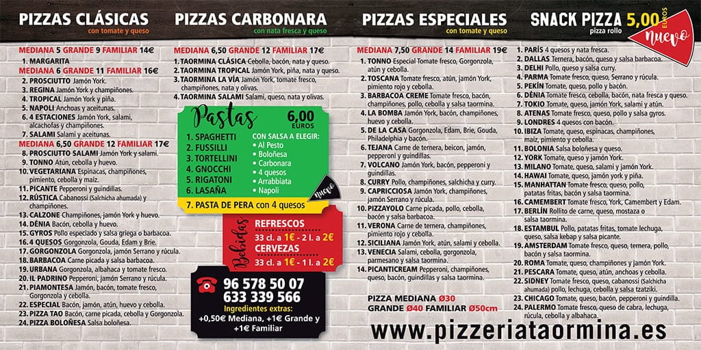 Carta de pizzas en Dénia - Taormina - Dénia.com