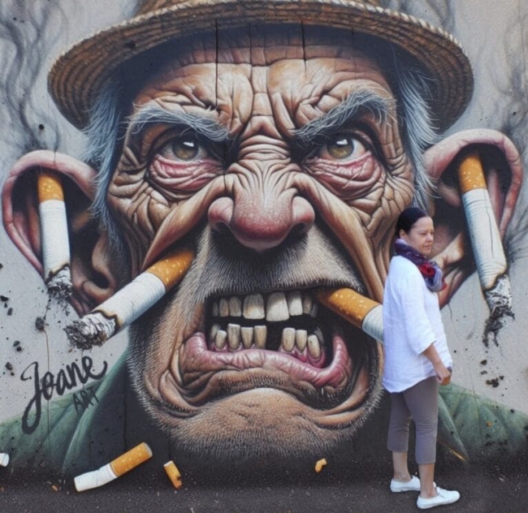 big ugly face against cigarette butts - Dénia.com